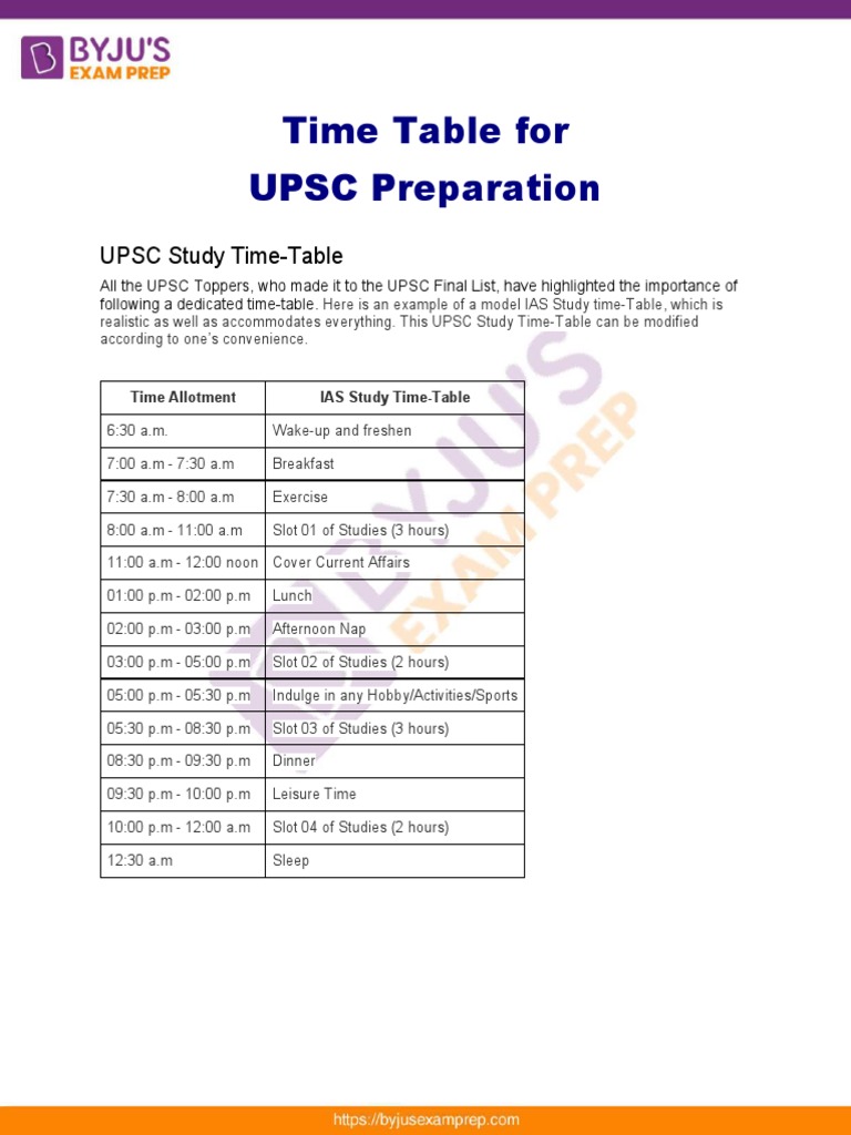 Time Table For Upsc Preparation 18 | PDF | Wellness