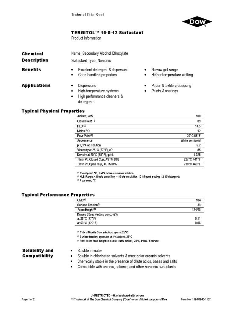 119 01940 01 Tergitol 15 S 12 Surfactant Tds | PDF | Detergent | Soft Matter