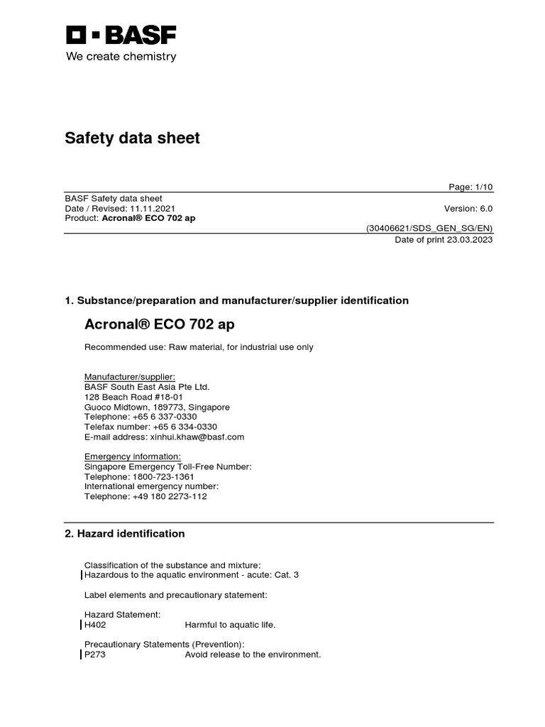 Acronal+ECO+702+ap 000000000030406621 SDS GEN SG en 6-0 | PDF ...