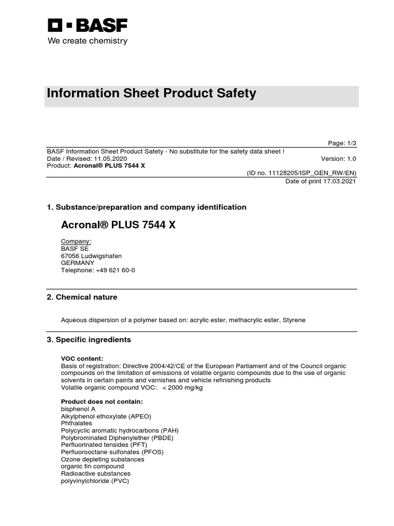 SDS - Acronal PLUS 7544 | PDF | Volatile Organic Compound | Polycyclic ...