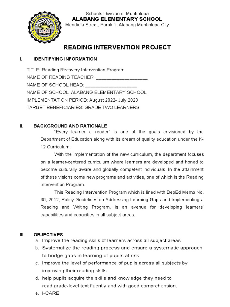 READING INTERVENTION PROJECT-Proposal and IMPLEMENTATION PLAN | PDF | Reading Comprehension ...