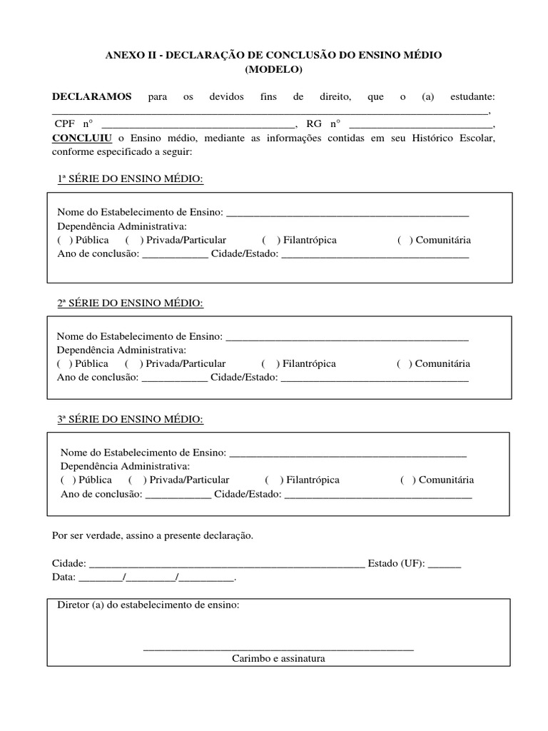 Anexo II Declaracao de Conclusao Do Ensino Medio Edital Proen No 17 2022 Processo Seletivo Sisu ...