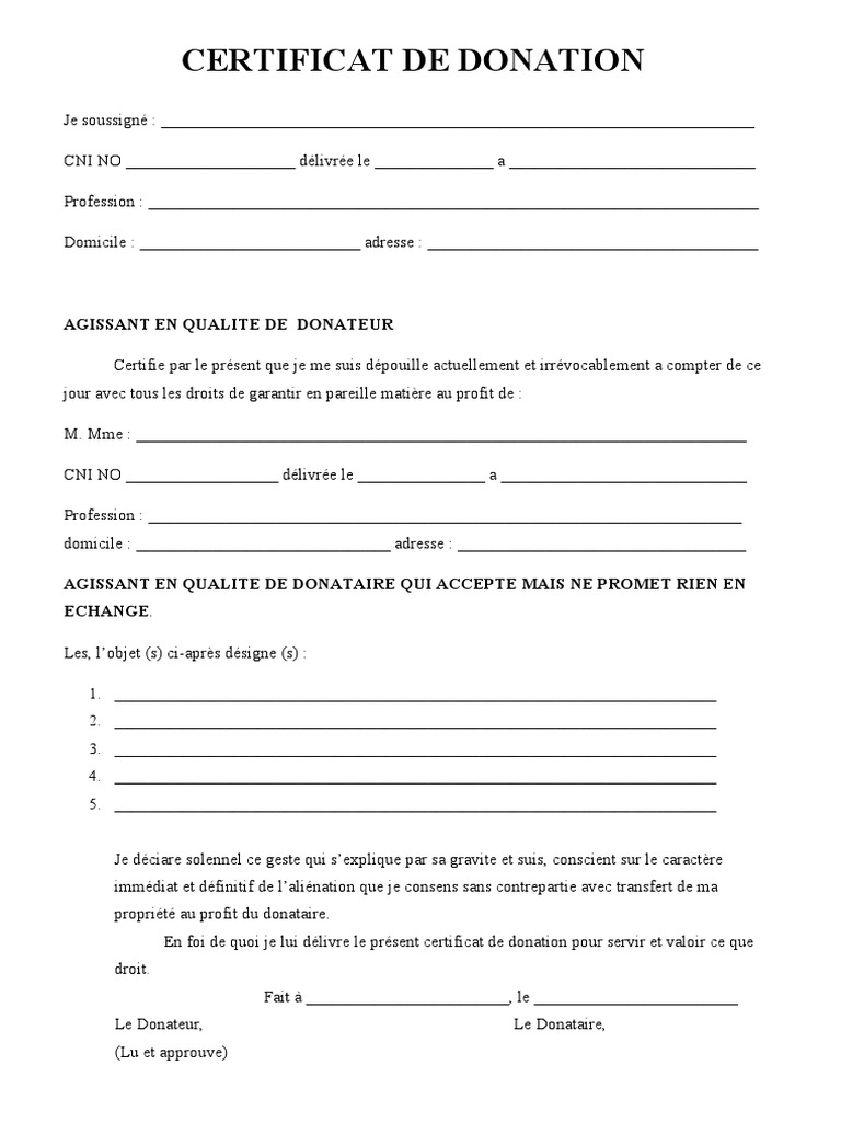 Certificat de Donation | PDF Certificat de Donation | PDF