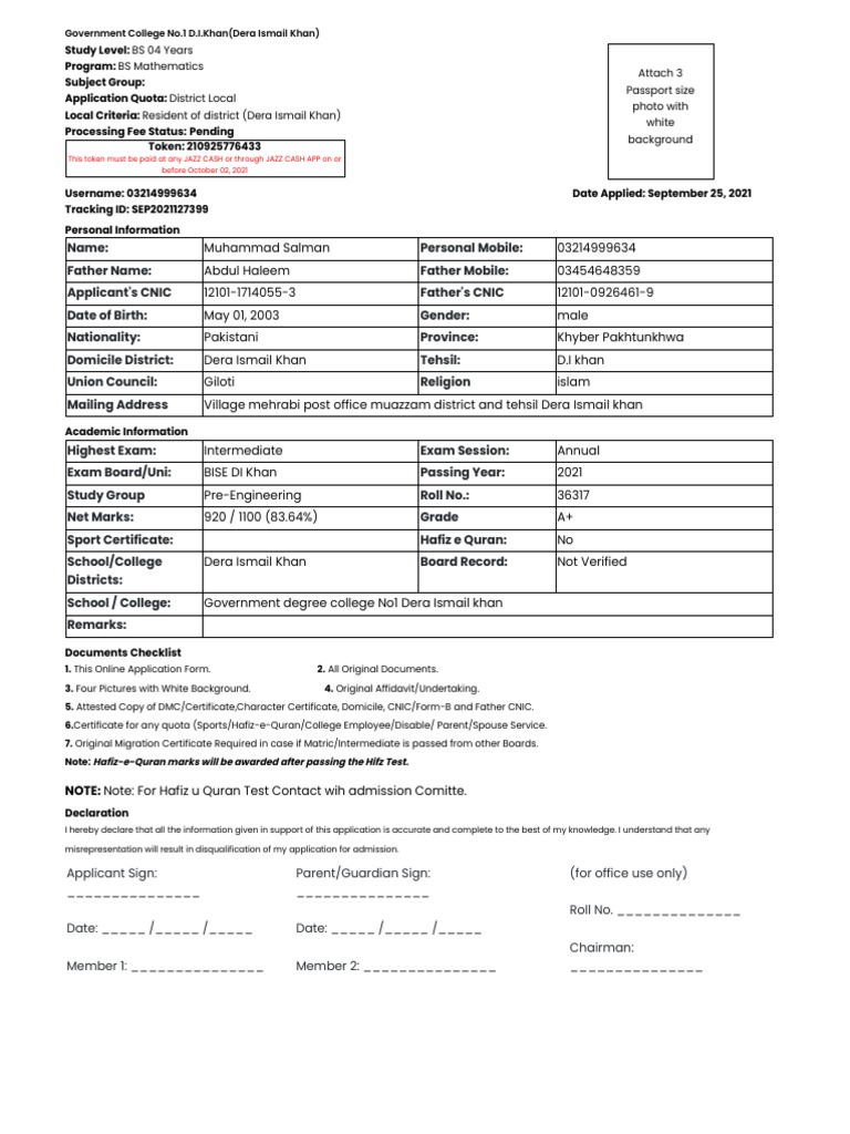 This Token Must Be Paid at Any JAZZ CASH or Through JAZZ CASH APP On or Before October 02, 2021 ...