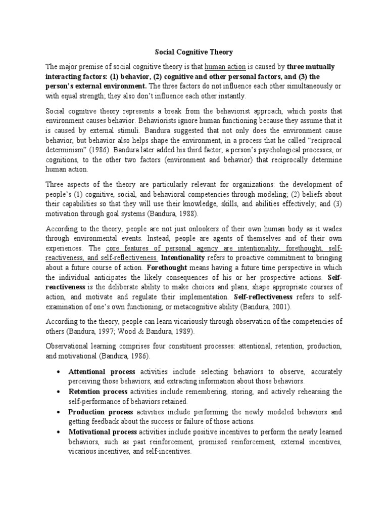 Social Cognitive Theory Summary | PDF | Self Efficacy | Motivation