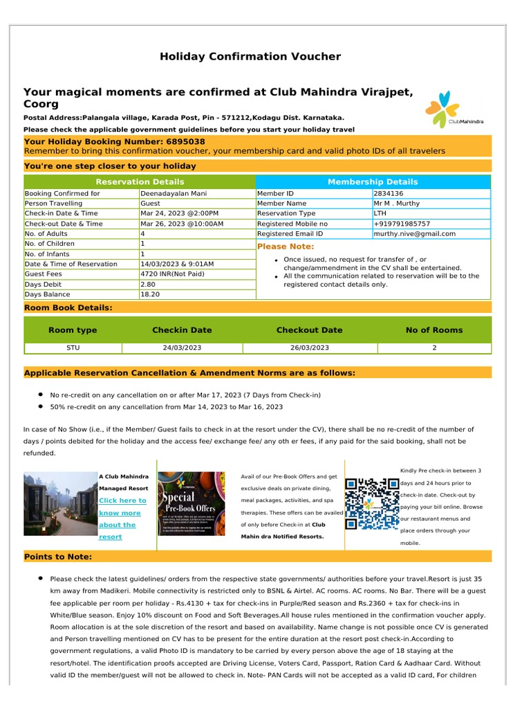 Holiday Confirmation Voucher: Reservation Details Membership Details ...