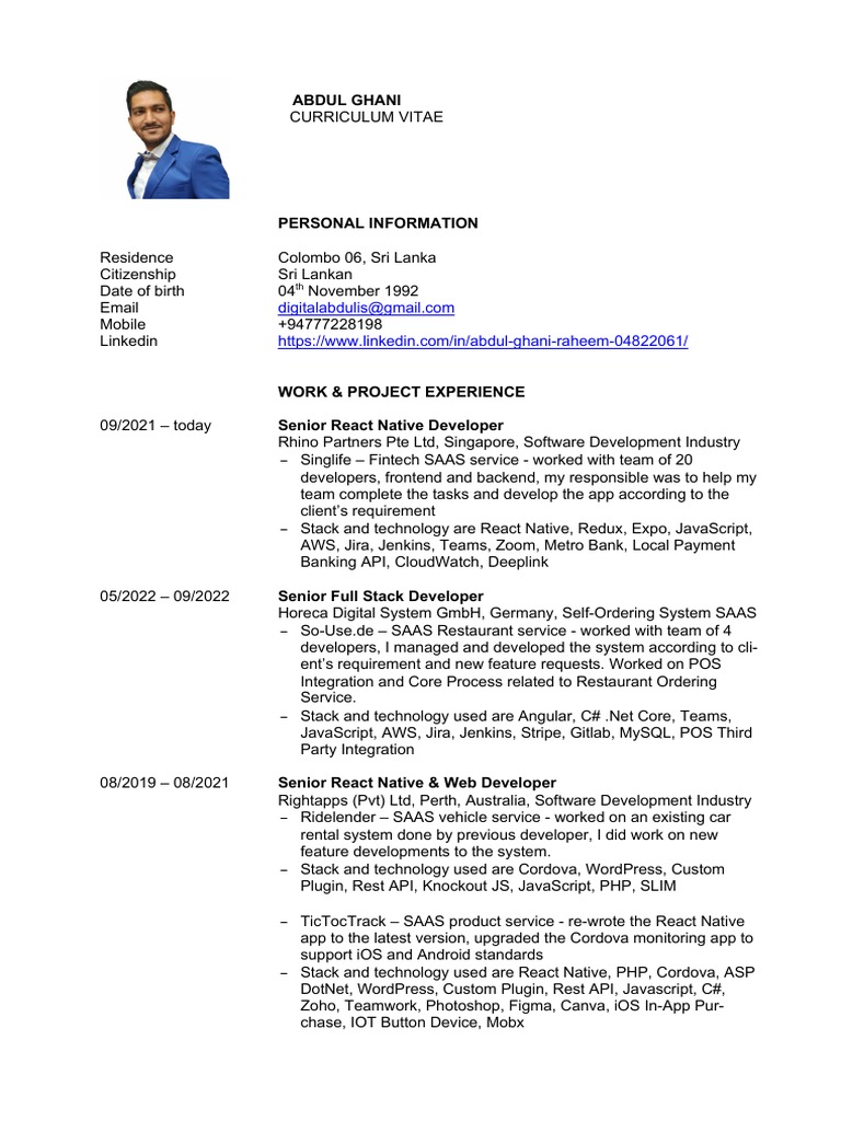 Abdul Ghani CV - Senior React Native Developer with 14+ years experience | PDF | Word Press ...