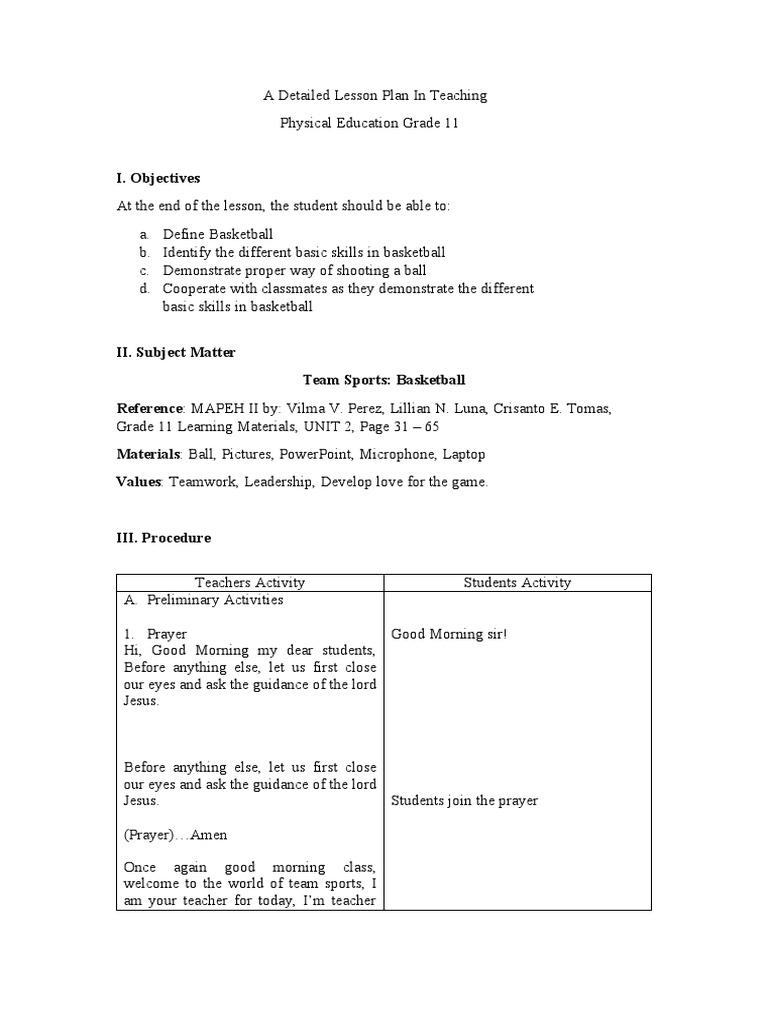 Detailed Lesson Plan in Basketball | PDF | Team Sports | Sports