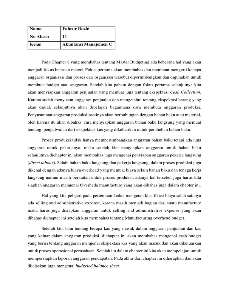 11 - Fahrur Rozie - Tugas Chapter 8 Master Budget | PDF
