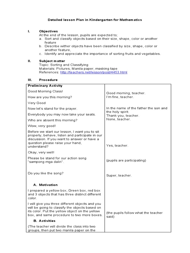 Kindergarten Lesson On Sorting And Classifying Objects Pdf Teachers Behavior Modification