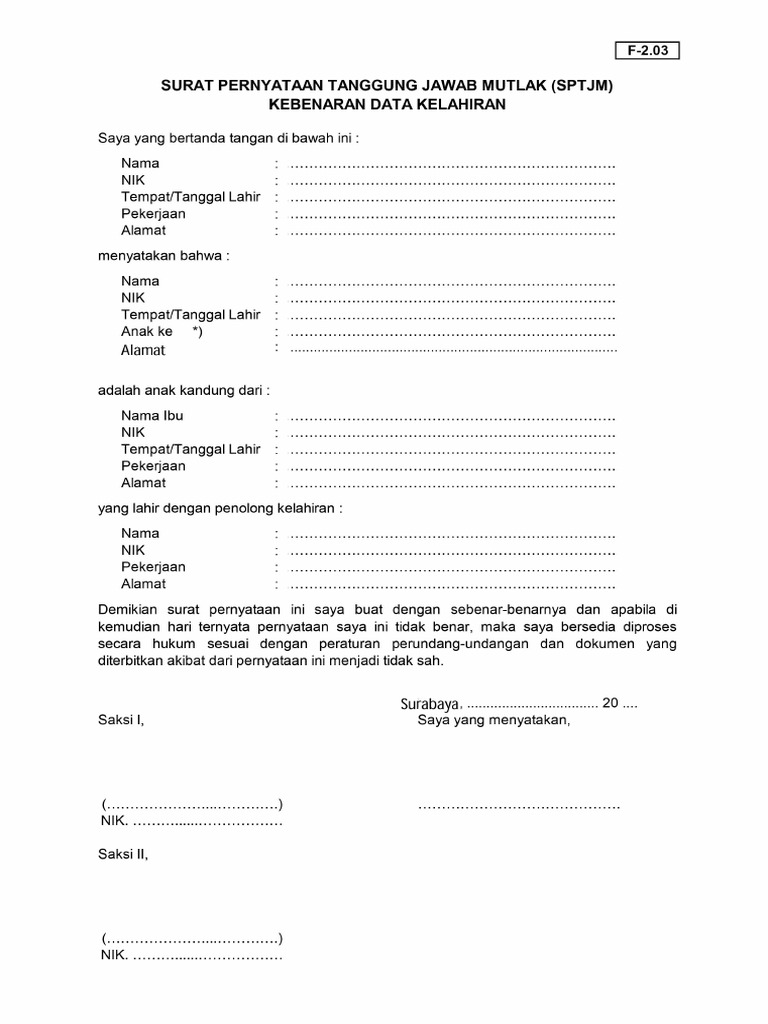 Form SPTJM Kebenaran Data Kelahiran dgn Penolong Kelahiran | PDF
