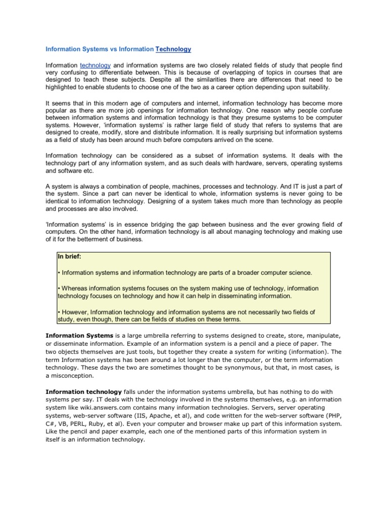 Information Systems Vs Information Technology | PDF | Information System | Master Of Business ...