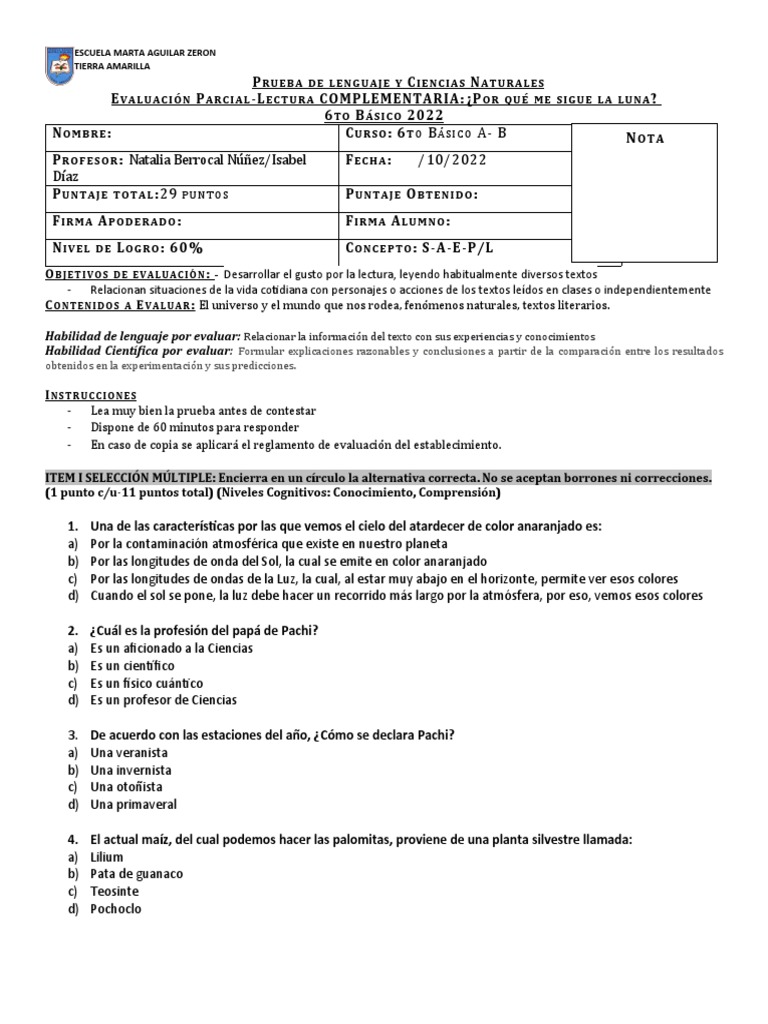 Prueba - Lectura Complementaria - Por Que Me Sigue La Luna - 6to - 2022 ...