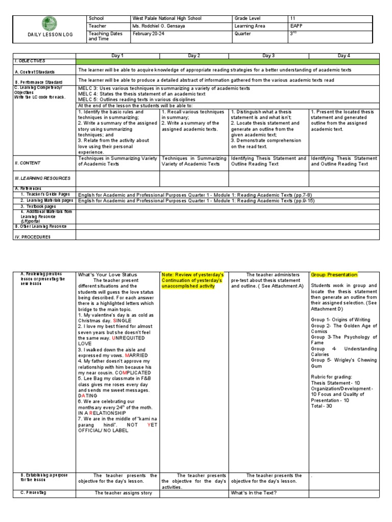 WPNHS EAPP Daily Lesson Log on Summarizing Academic Texts | PDF