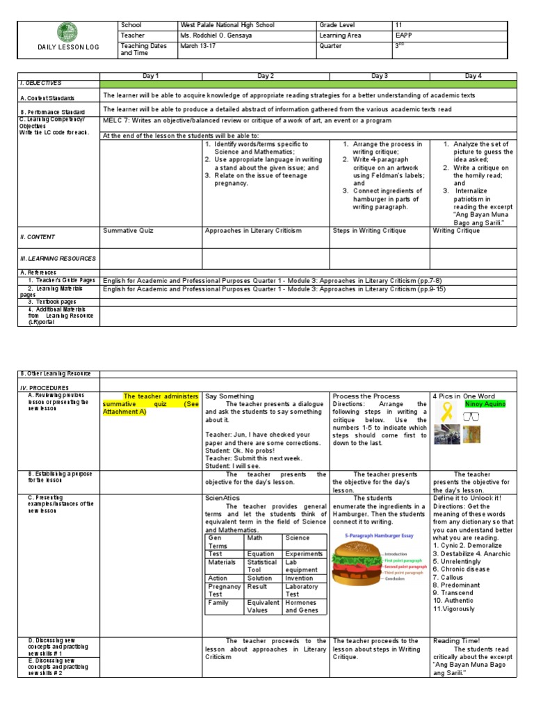 Q3 - Eapp - DLL Week 5 | PDF | Learning | Teachers