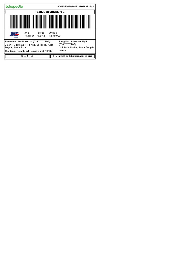 Label Pengiriman - Tokopedia | PDF