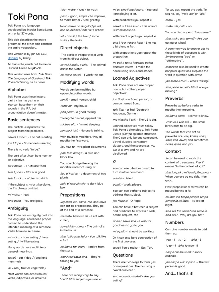 Toki Pona Cheat Sheet v2 | PDF | Linguistics | Linguistic Morphology