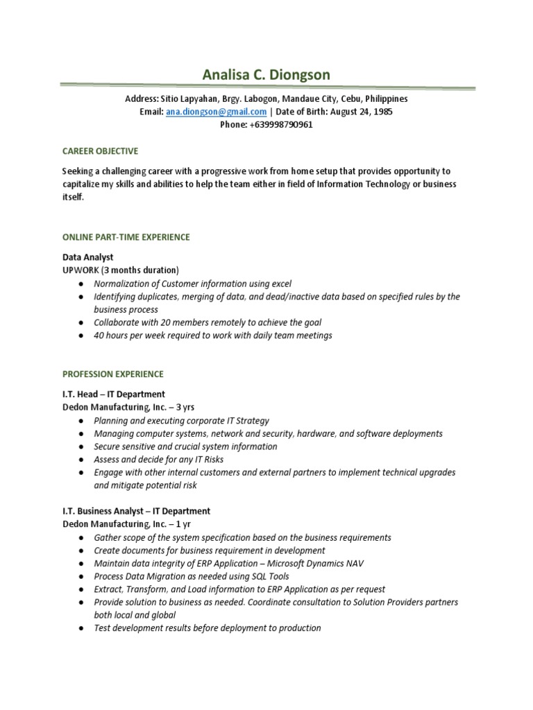Analisa Diongson Online Job Resume PDF | PDF | Databases | Microsoft Sql Server