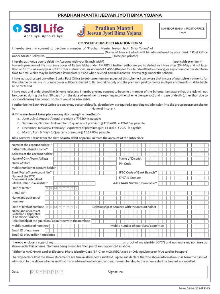 PMJJBY Membership Form | PDF | Insurance | Identity Document