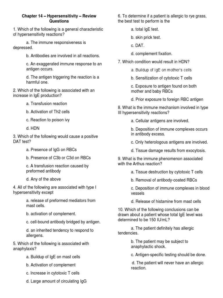 Chapter 14 - Hypersensitivity - Review Questions | PDF | Allergy | Antibody