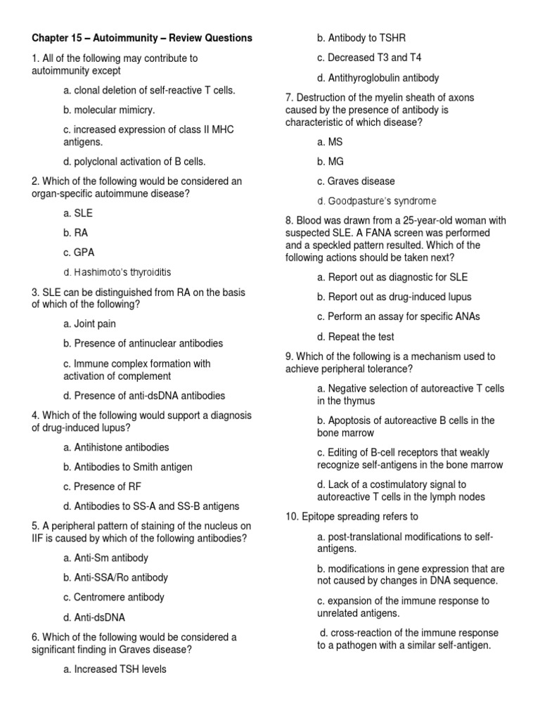 Chapter 15 - Autoimmunity - Review Questions | PDF | Autoimmunity ...
