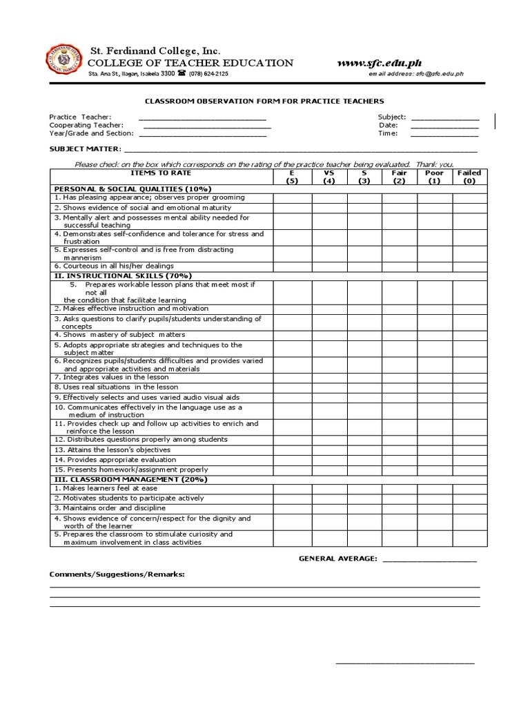 Classroom Observation Evaluation Form | PDF | Teachers | Learning