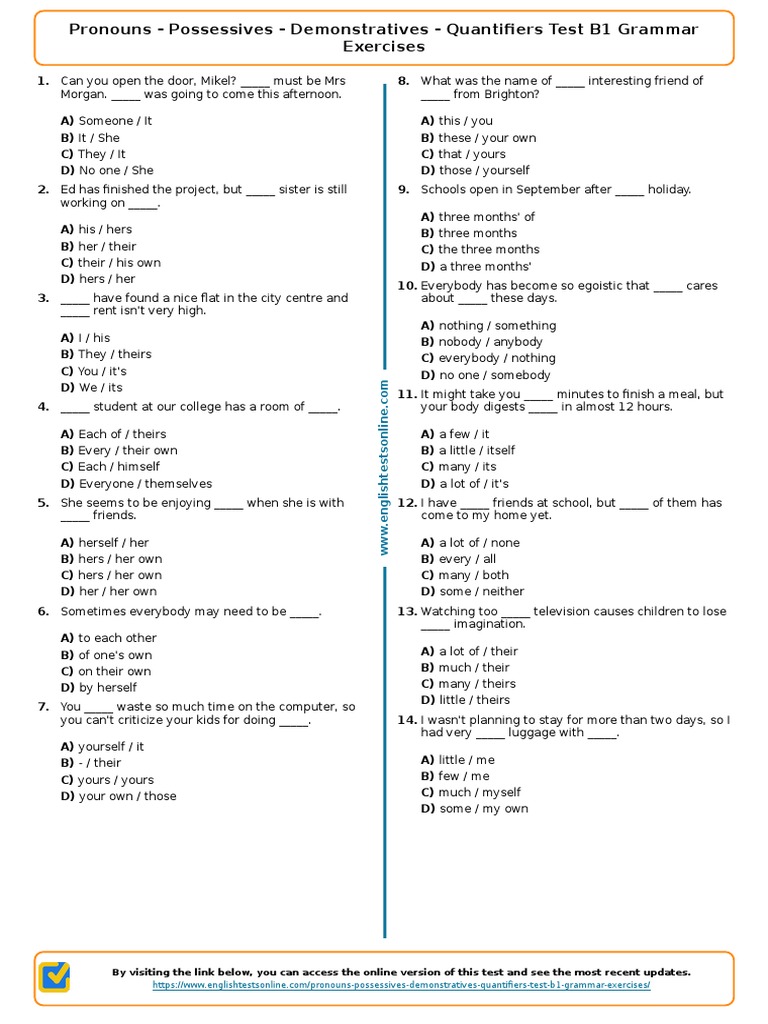 497 - Pronouns Possessives Demonstratives Quantifiers Test b1 Grammar ...