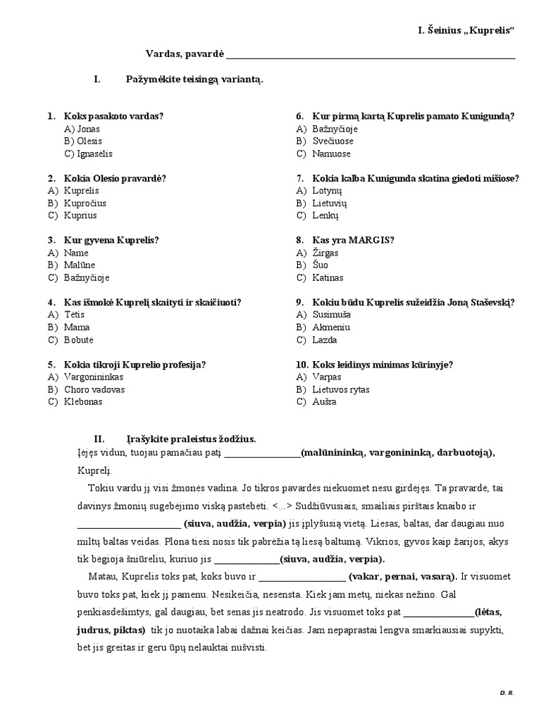 I.Seinius - Kuprelis - Atsiskaitymas 10-Klase | PDF