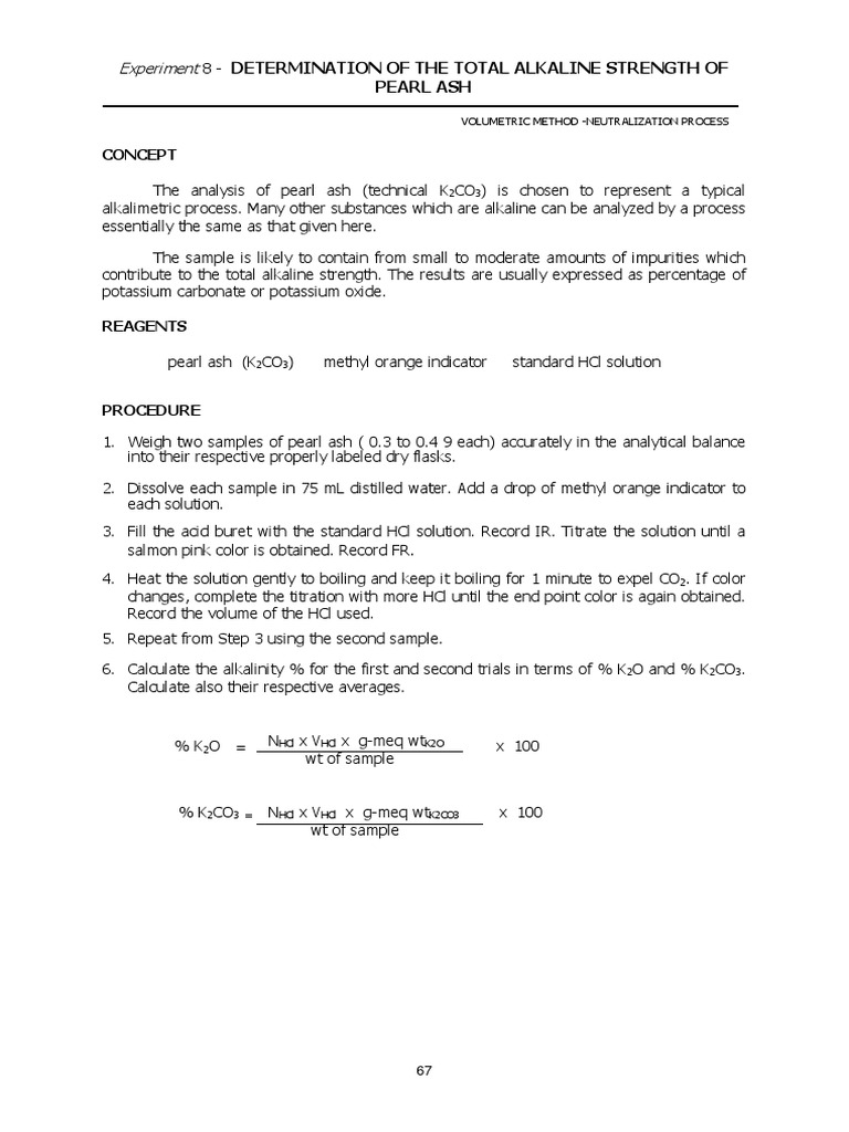 Total Alkaline Strength of Pearl Ash | PDF | Titration | Chemistry
