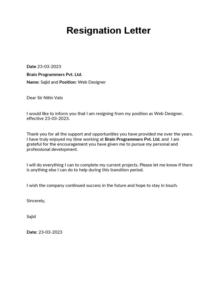 Resignation Letter Sajid | PDF