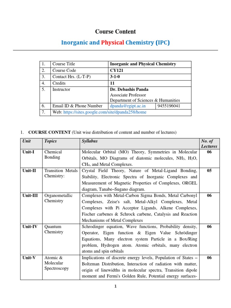 CY121 Syllabus | PDF | Coordination Complex | Chemistry