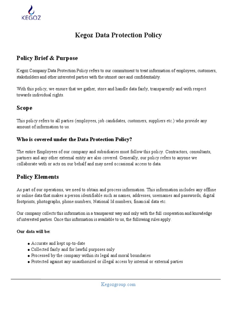 Company Data Protection Policy Pdf Information Privacy Information