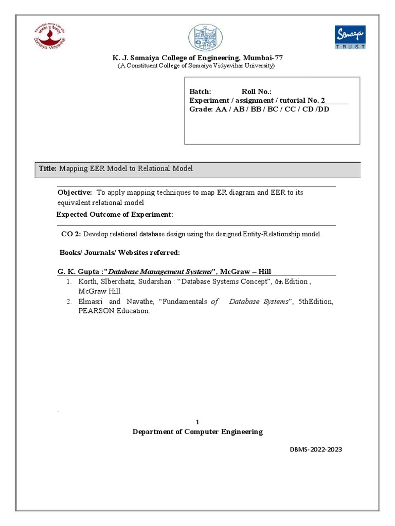Exp 2 Mapping Eer To Relational Model Updated Pdf Relational Database Relational Model