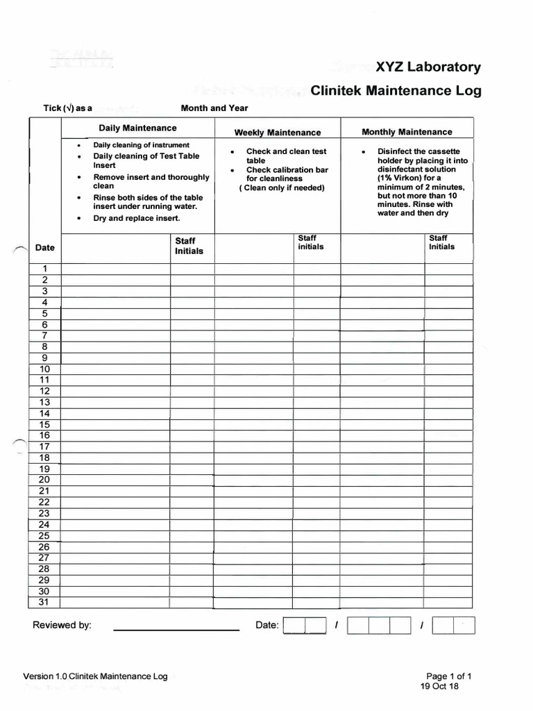 Equ210-02 Clinitek Maint Log | PDF