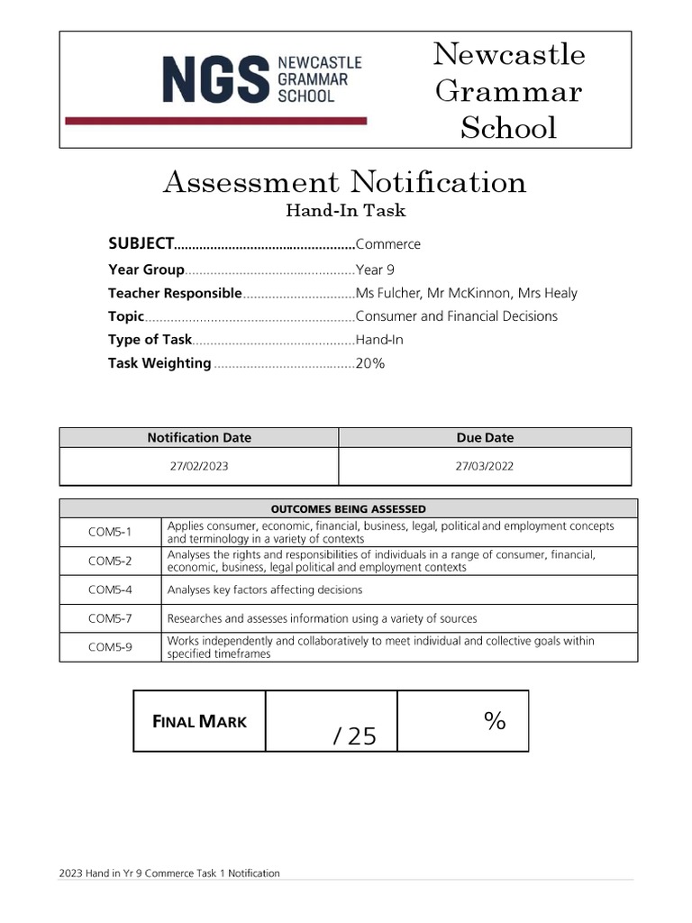 2023 Notification Task 1 Commerce Year 9 1 | PDF