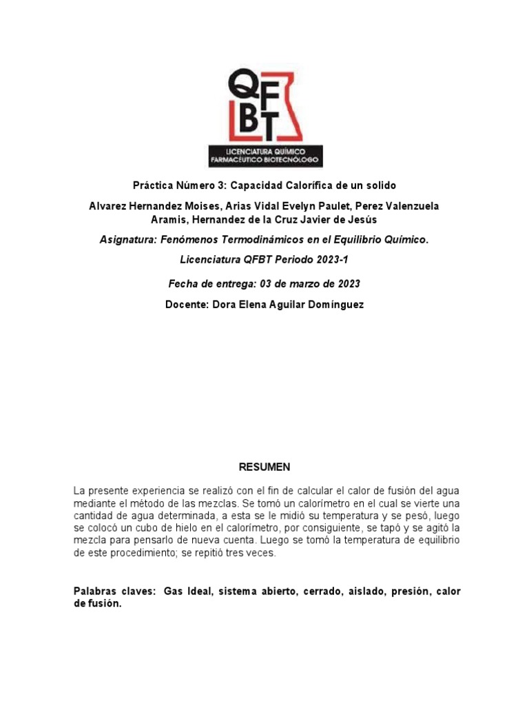 Práctica 3 - TERMO | PDF | Capacidad calorífica | Calor