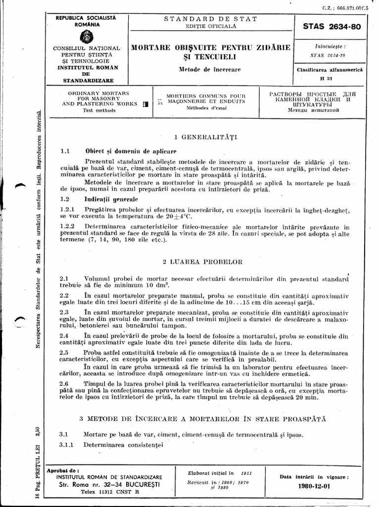 STAS 2634-80 - Mortare Obisnuite Pentru Zidarie Si Tencuieli - Metode ...