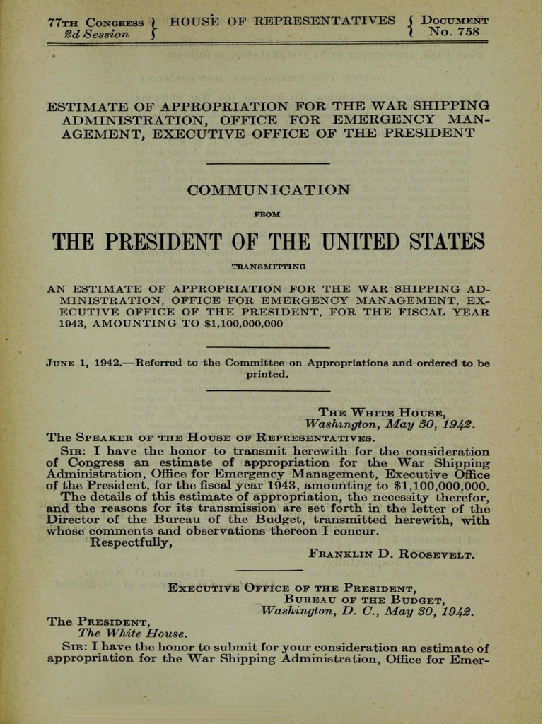 Estimate of Appropriation For The War Shipping Administration. Office ...