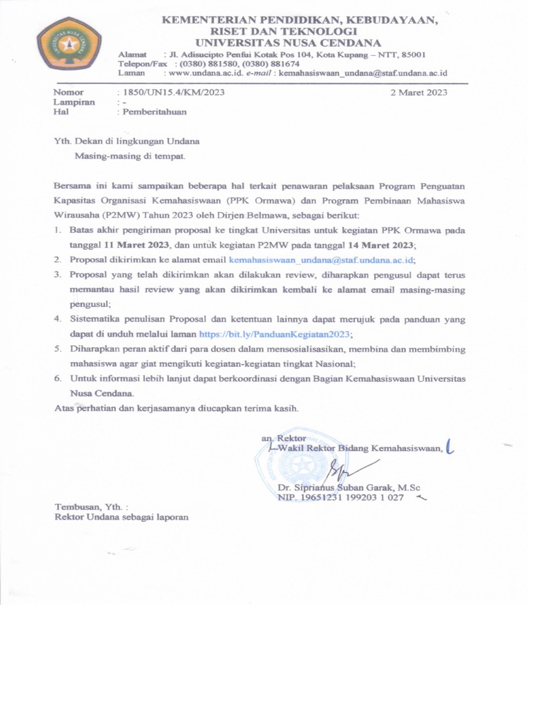 Surat Pemberitahuan PPK Ormawa Dan P2MW Tahun 2023 PDF | PDF