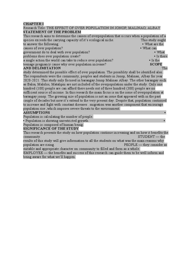 CHAPTER I Research Title | PDF | Human Overpopulation | Methodology