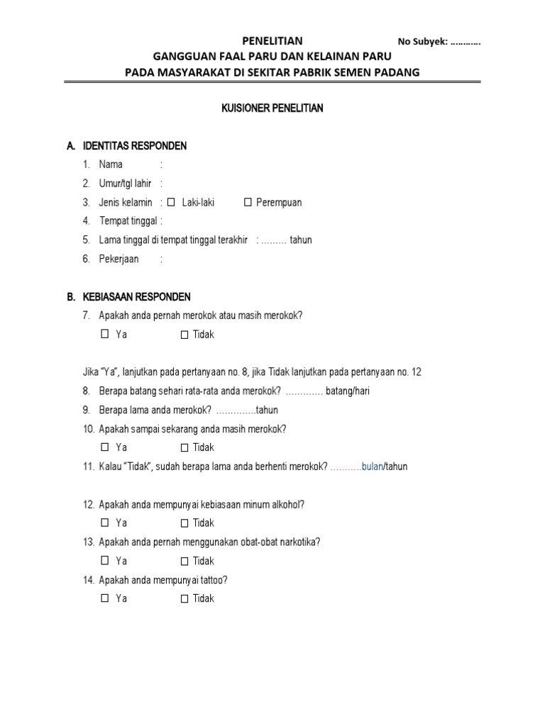Kuisioner Penelitian Faal Paru | PDF