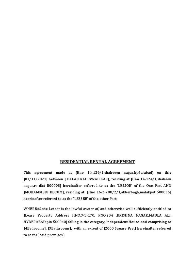 Residential Rental Agreement BALAJI | PDF | Lease | Business Law