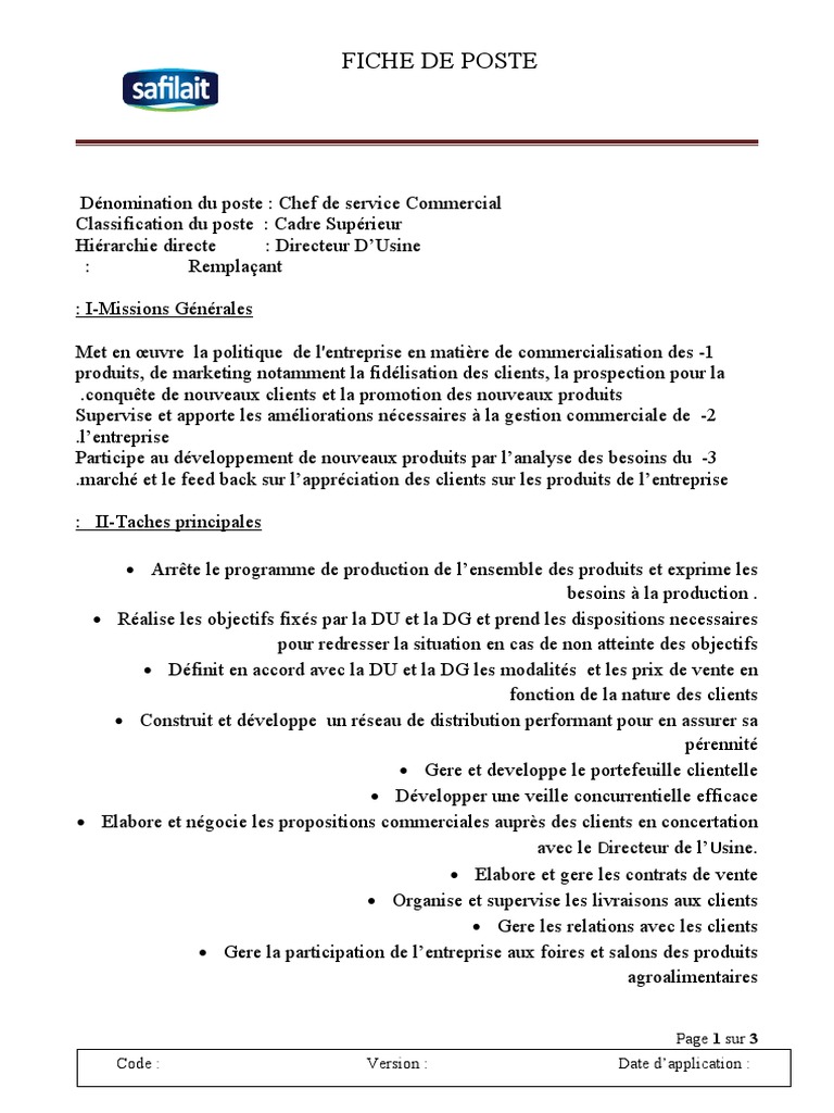Fiche de Poste Chef de Service Commercial | PDF | Sodles | Commercialisation