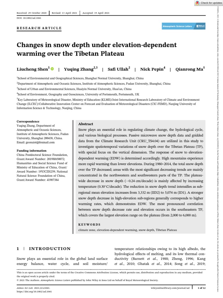 Atmospheric Science Letters - 2021 - Shen - Changes in Snow Depth Under ...