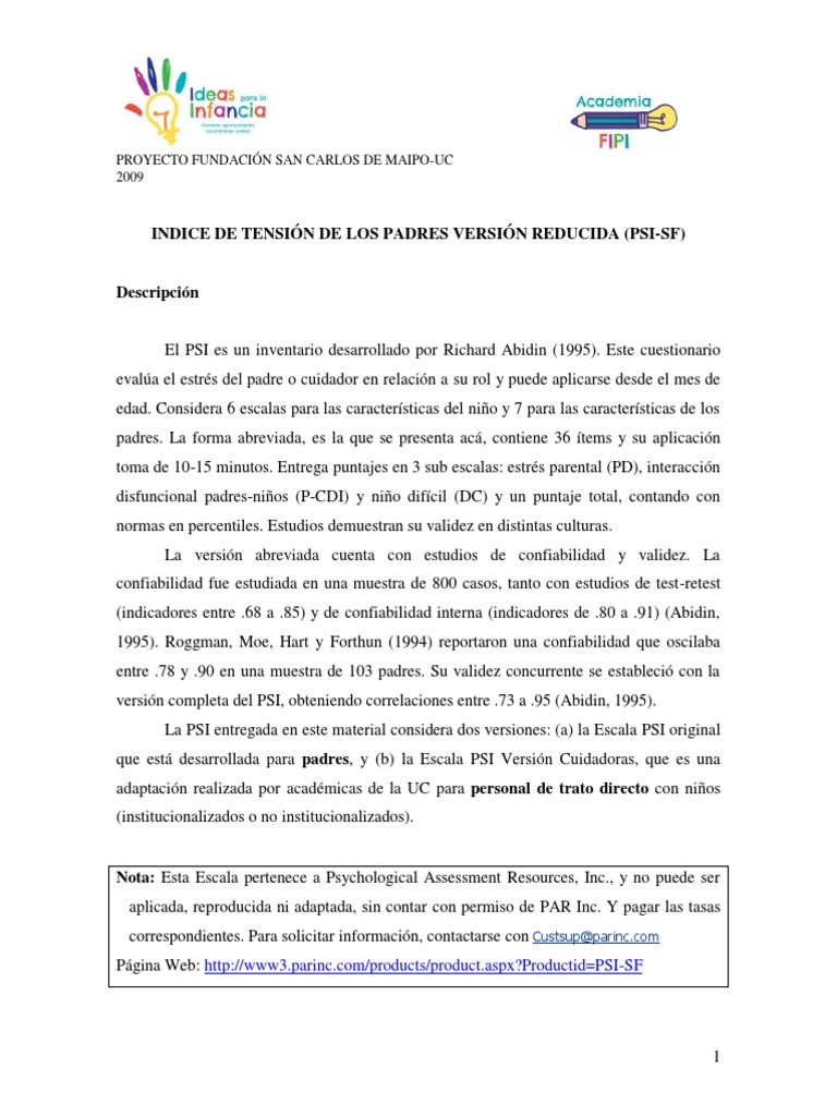 Manual PSI-SF: Evaluación del Estrés Parental | PDF | Adultos | Sicología