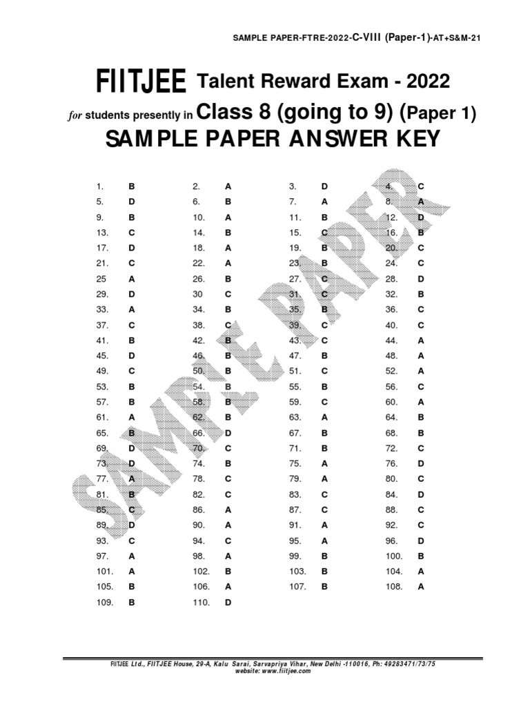 SAMPLE PAPER-FTRE-2022-CLASS-VIII-P1-AT+PCBM Answers PDF | PDF ...