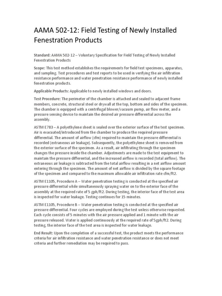 AAMA 502-12 Field Testing of Newly Installed Fenestration Products PDF ...