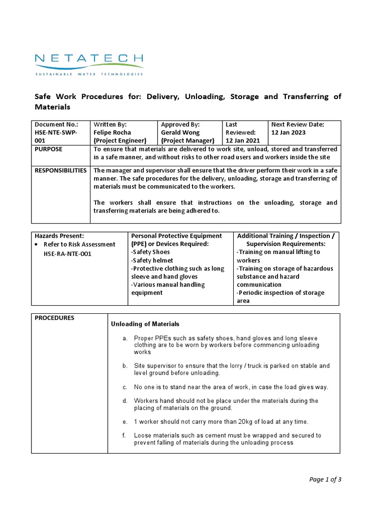 SWP 01 - Delivery, Unloading, Storage and Transferring of Materials ...