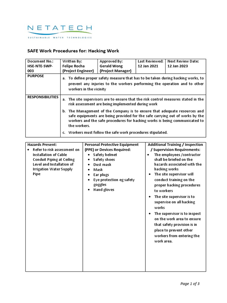 Safe Work Procedures for Hacking Work | PDF | Personal Protective ...