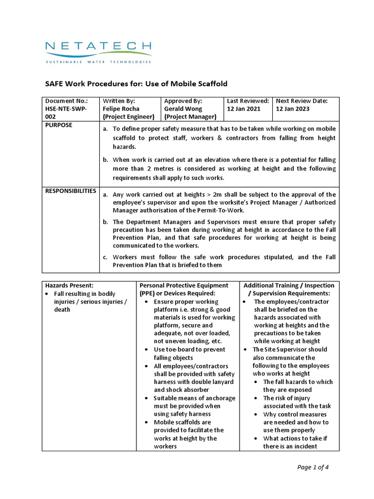 SWP 02 - Use of Mobile Scaffold | PDF | Scaffolding | Personal ...